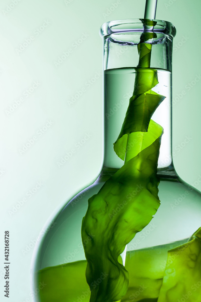 close up of green seaweed with glass rod in flask on green background ...
