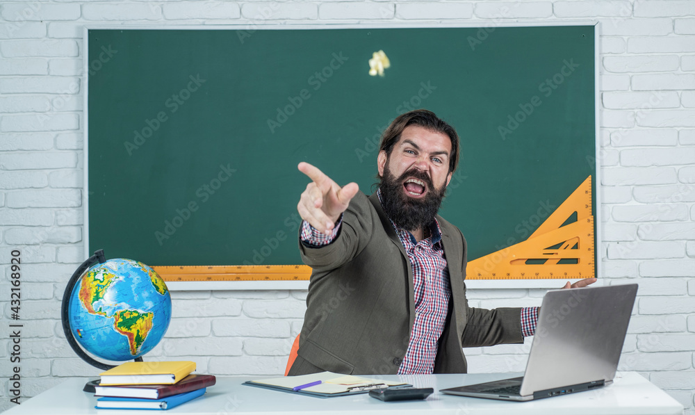 pure anger. angry mature teacher throwing paper. brutal bearded man ...