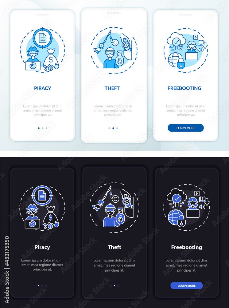 Copyright violation onboarding mobile app page screen with concepts ...