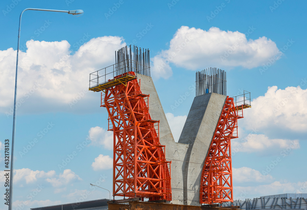 Fragment view of Highway overpass bridge structure, pillar concrete ...