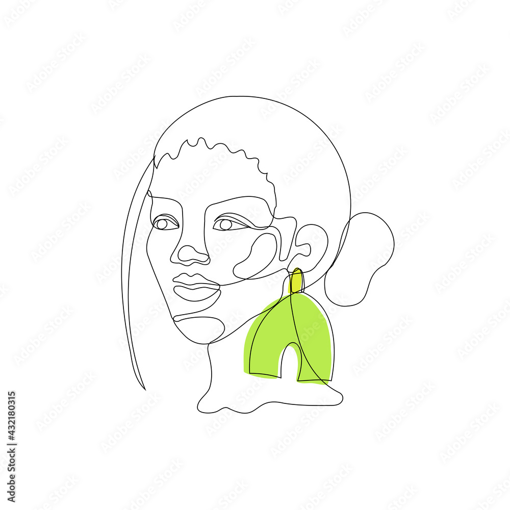 female head contour vector drawing with green Statement Earring. woman ...