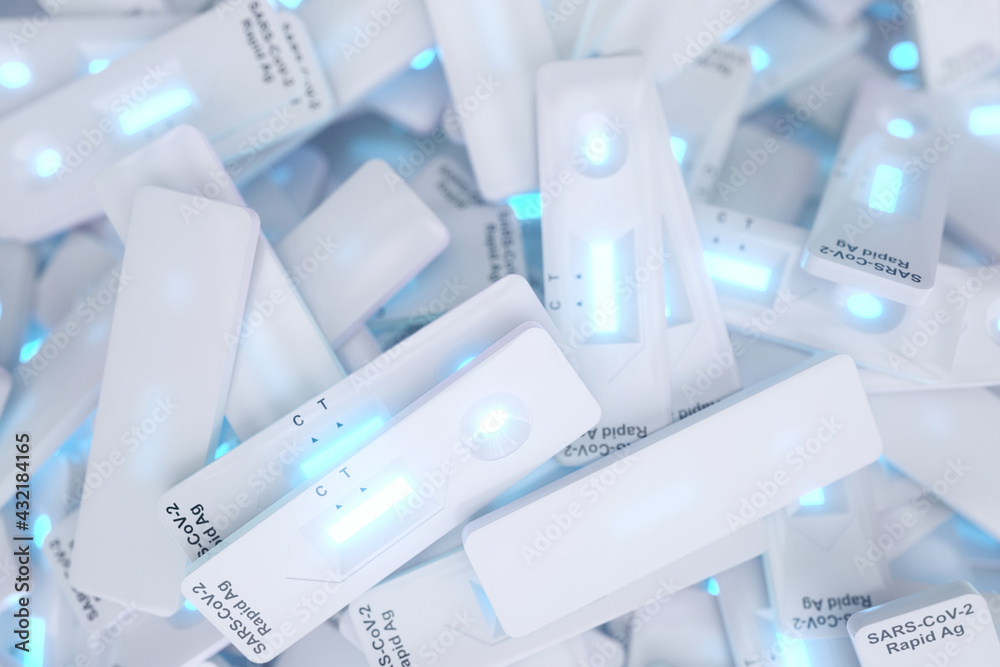 Glowing blue covid rapid antigen tests big overflowing pile. Corona. 3d ...