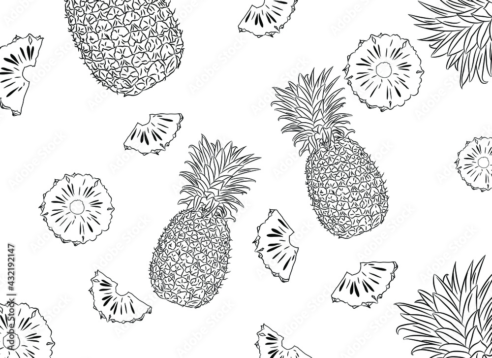 Set of pineapple line art style. Hand drawing pineapple and pineapple ...