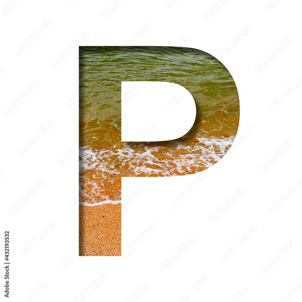 Sea shore font. The letter P cut out of paper on a background of the ...