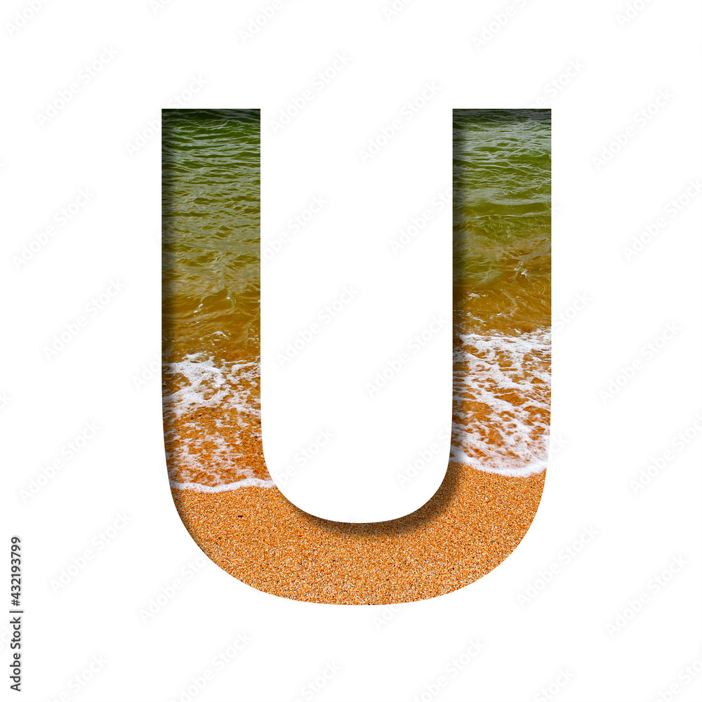 Sea shore font. The letter U cut out of paper on a background of the ...