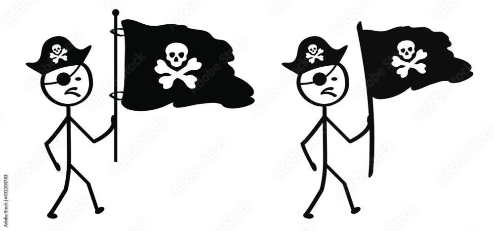 Vecteur Stock stickman with lack piracy flag icon. Cartoon style pirate ...