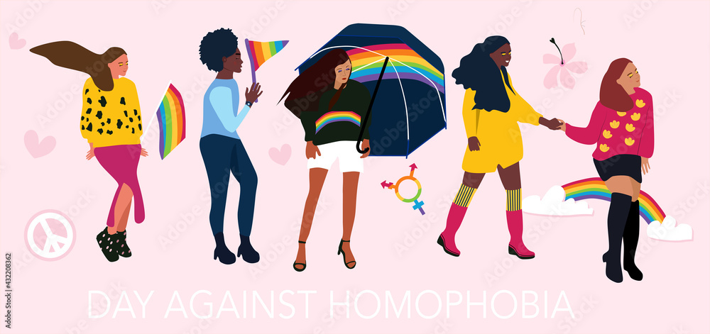 Day against homophobia poster. Pride month parade. Group of women ...