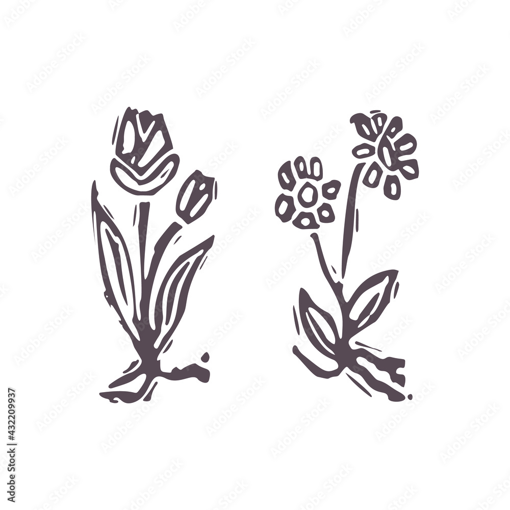 Hand carved bold block print flower icon clip art. Folk illustration ...