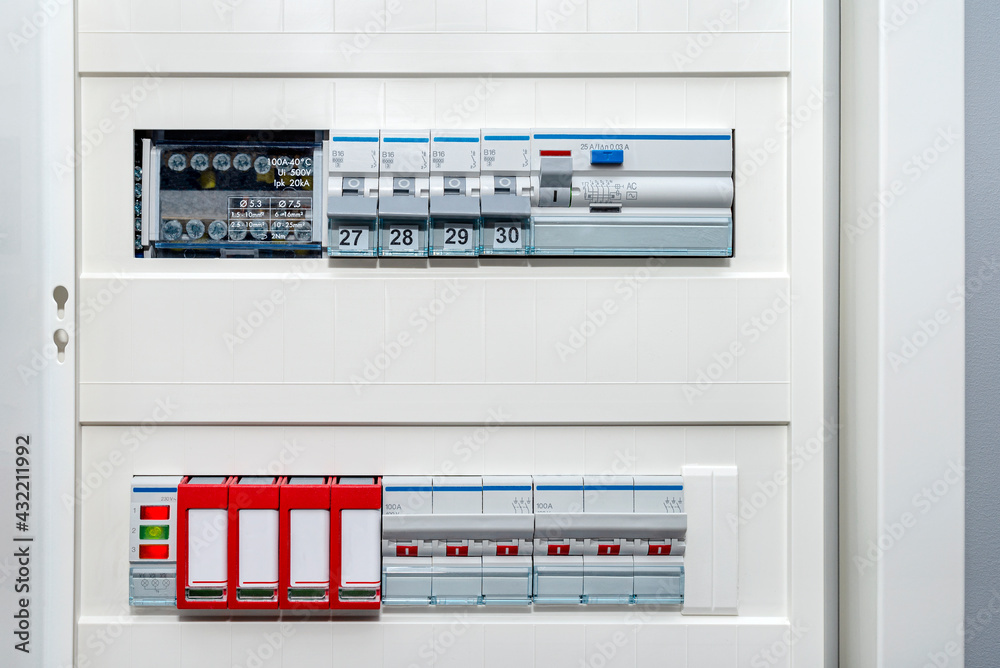 Single-phase fuse in the off position, residual current device in the ...