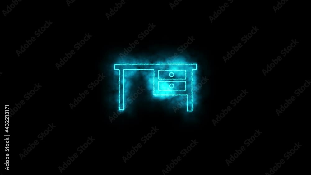 Linear neon animation of blue table with drawers with dynamic smoke on ...