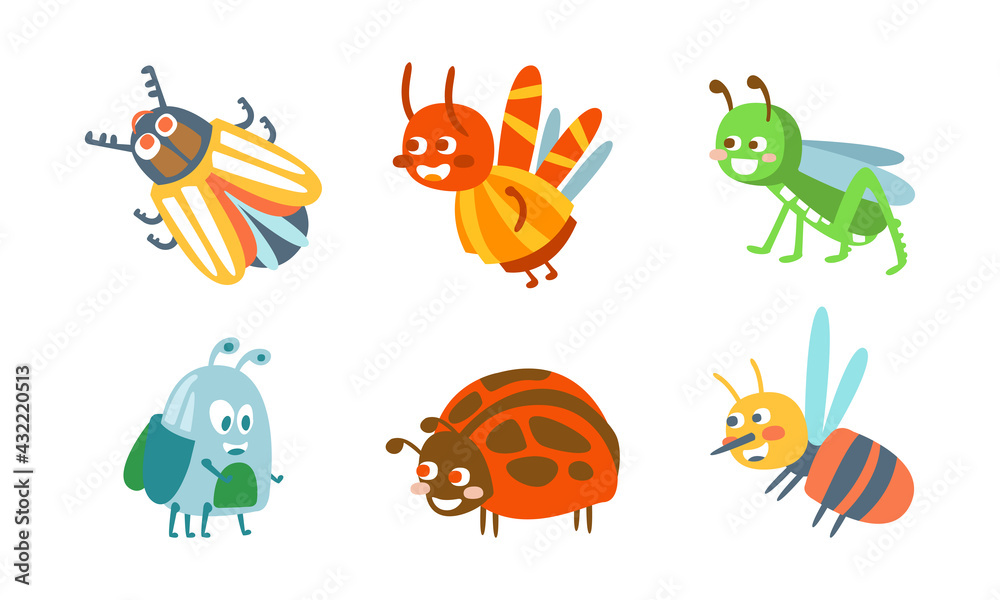 Cartoon Insects with Ladybug and Grasshopper Vector Set Stock Vector ...