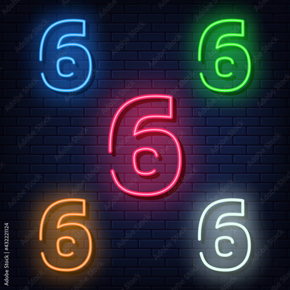 Neon numbers, five colors red, blue, green, yellow, white. Isolated ...