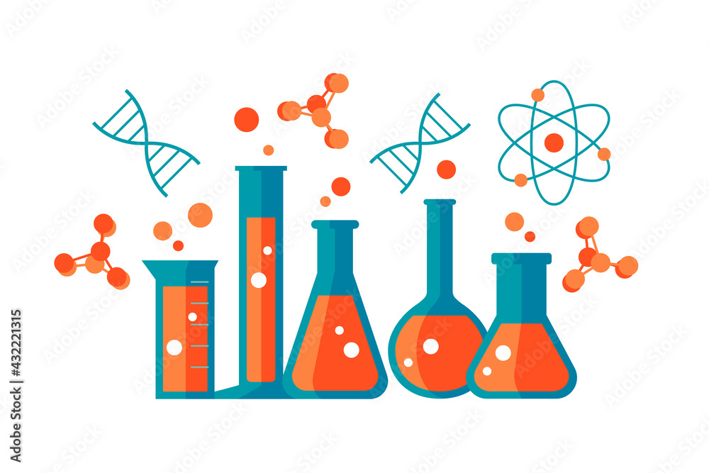 Chemical LABORATORY GLASSWARE composition with SCIENCE SYMBOLS. Flasks ...