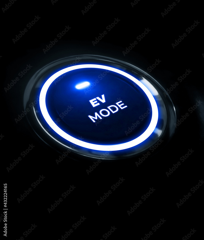 Electric Vehicle Mode Button with glowing blue light around. Modern ...