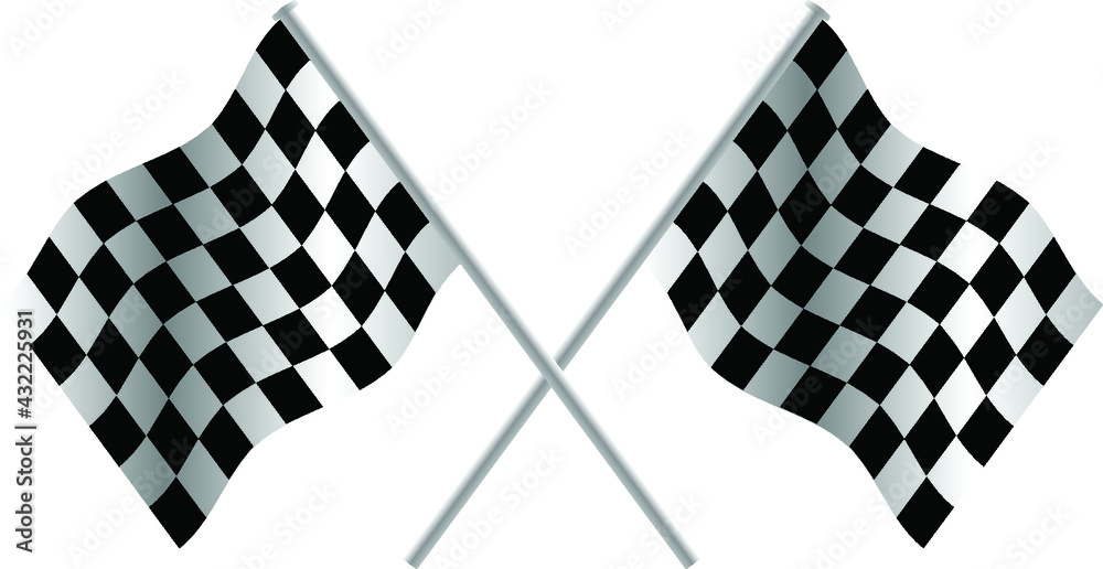 Checkered flag 3D crossed pair vector. Waving checker flags to crown a ...