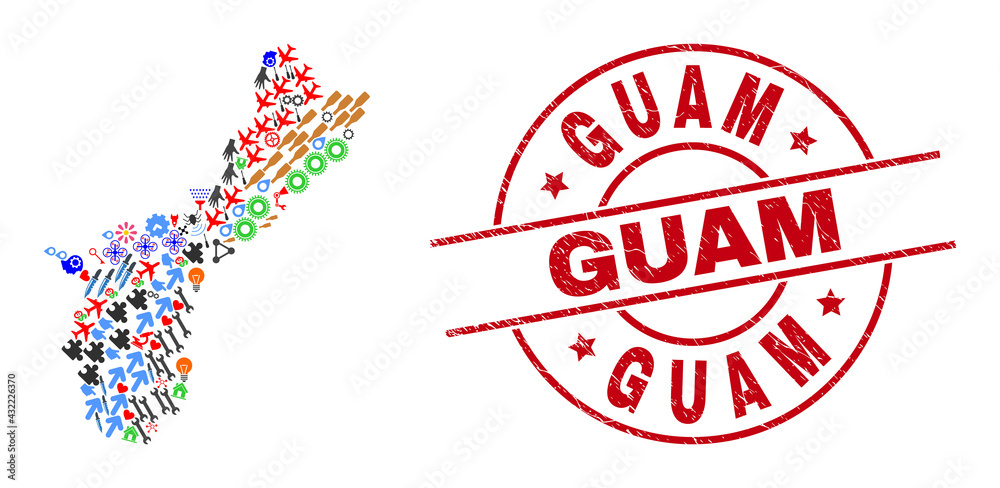 Guam Island map collage and dirty Guam red circle stamp print. Guam ...