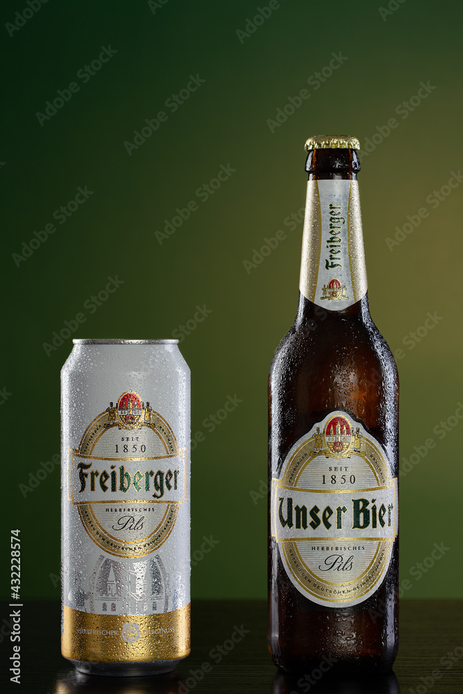 Freiberger German beer in can and glass bottle 500ml versions isolated ...
