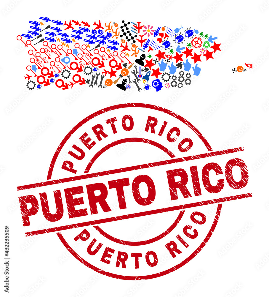 Puerto Rico map collage and unclean Puerto Rico red circle watermark ...