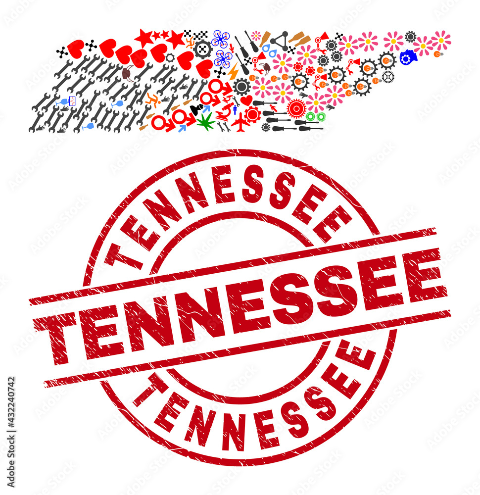 Tennessee State map collage and scratched Tennessee red round badge ...