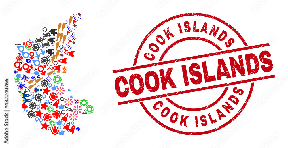 Karnataka State map collage and dirty Cook Islands red round seal. Cook ...