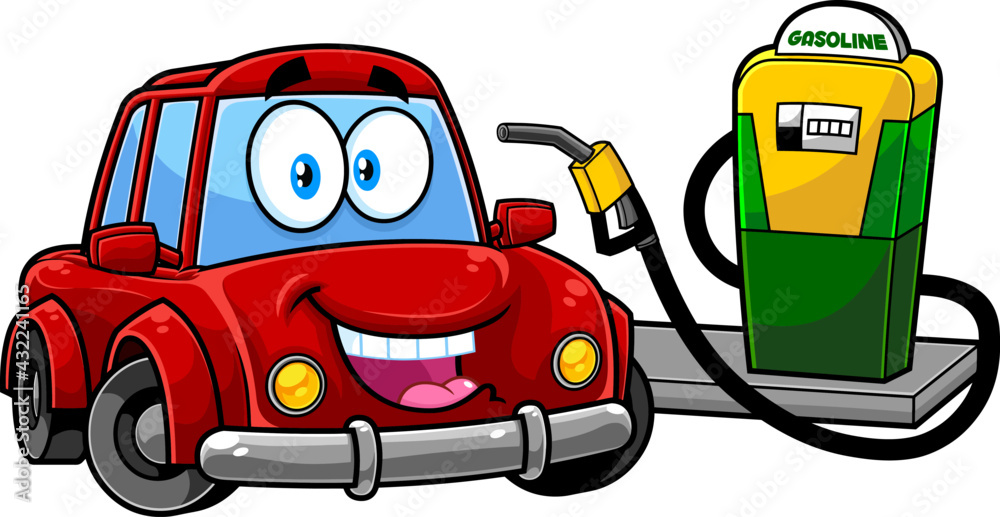 Happy Cute Car Cartoon Character At Gas Station Being Filled With Fuel ... Happy Cute Car Cartoon Character At Gas Station Being Filled With Fuel ...