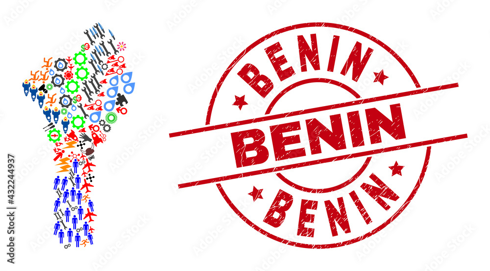 Benin map collage and dirty Benin red round stamp imitation. Benin ...