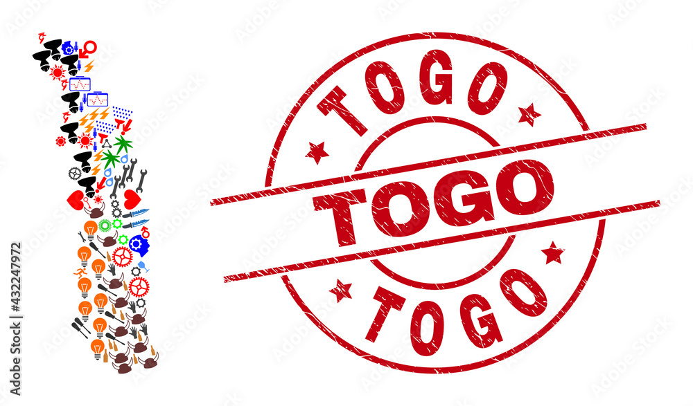 Togo map mosaic and grunge Togo red round badge. Togo badge uses vector ...