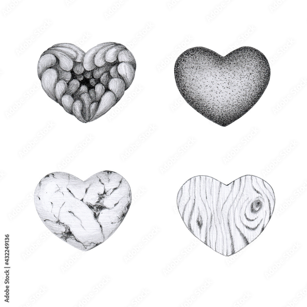 Realistic textured hearts. Hand drawn graphic pencil sketch. Set of ...