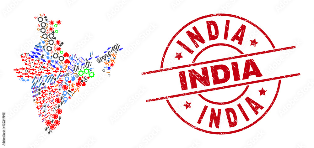 India map collage and grunge India red round seal. India seal uses ...