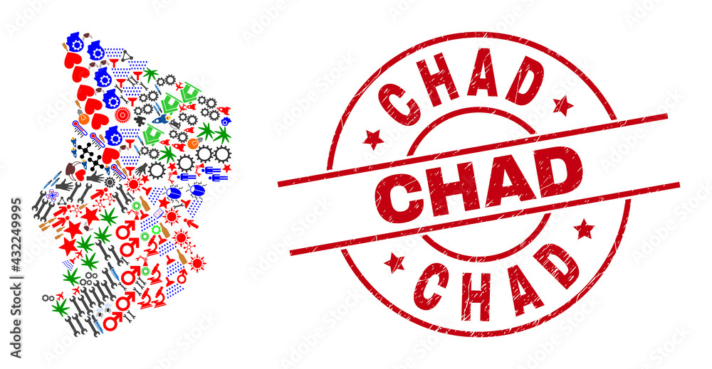 Chad map mosaic and distress Chad red circle stamp. Chad stamp uses ...