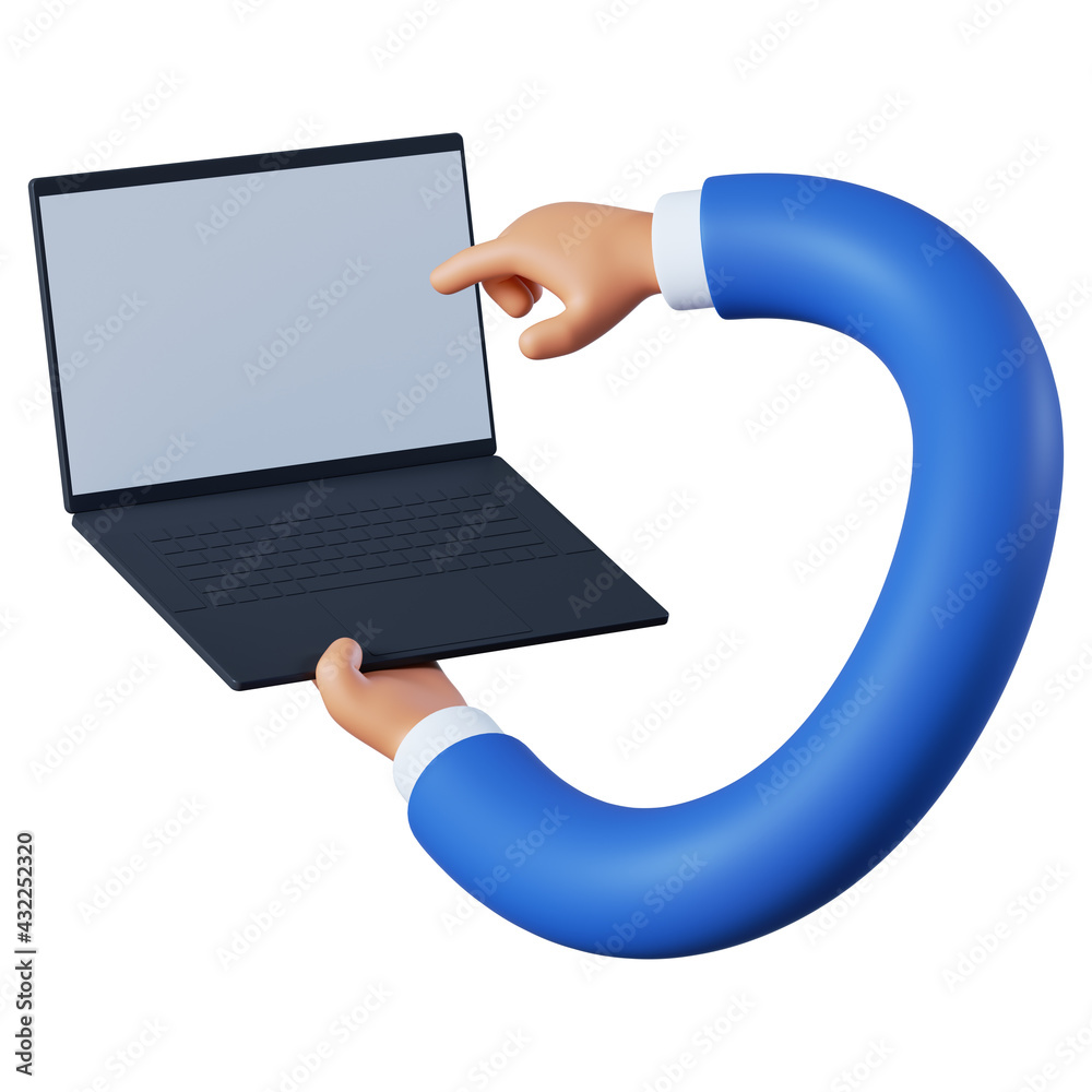 3d render, funny cartoon hands hold laptop with blank screen, digital ...