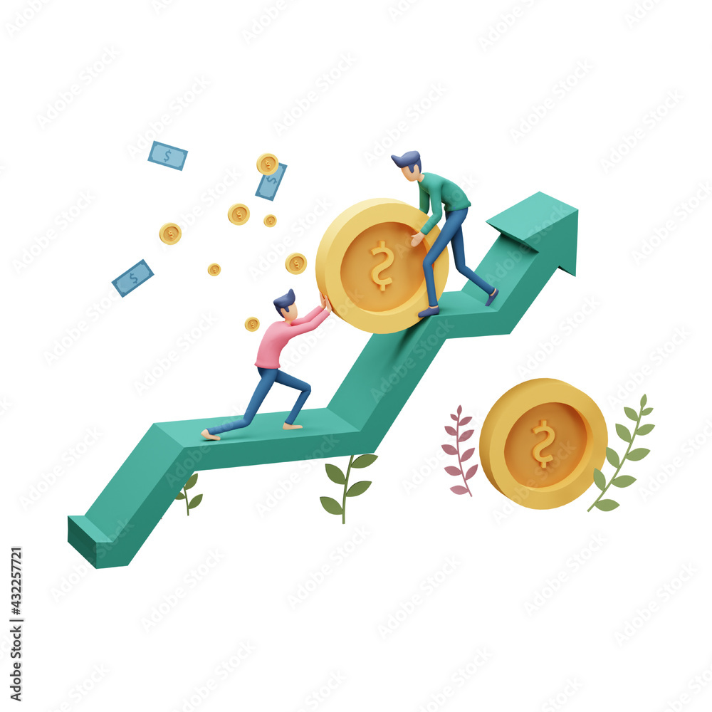 3d render illustration of business investment concept. dollar pile coin ...