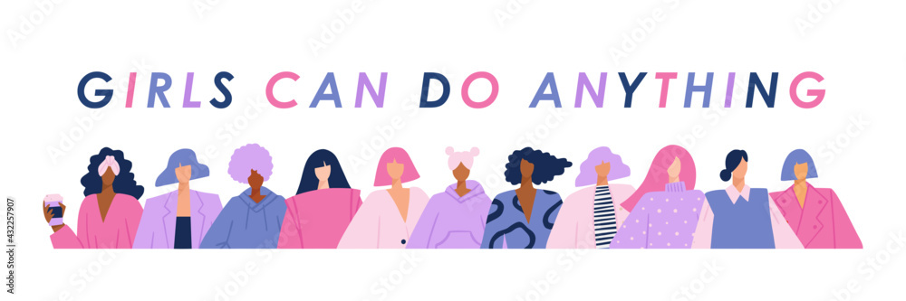Variety of diverse young modern women faces. Girl power concept banner ...