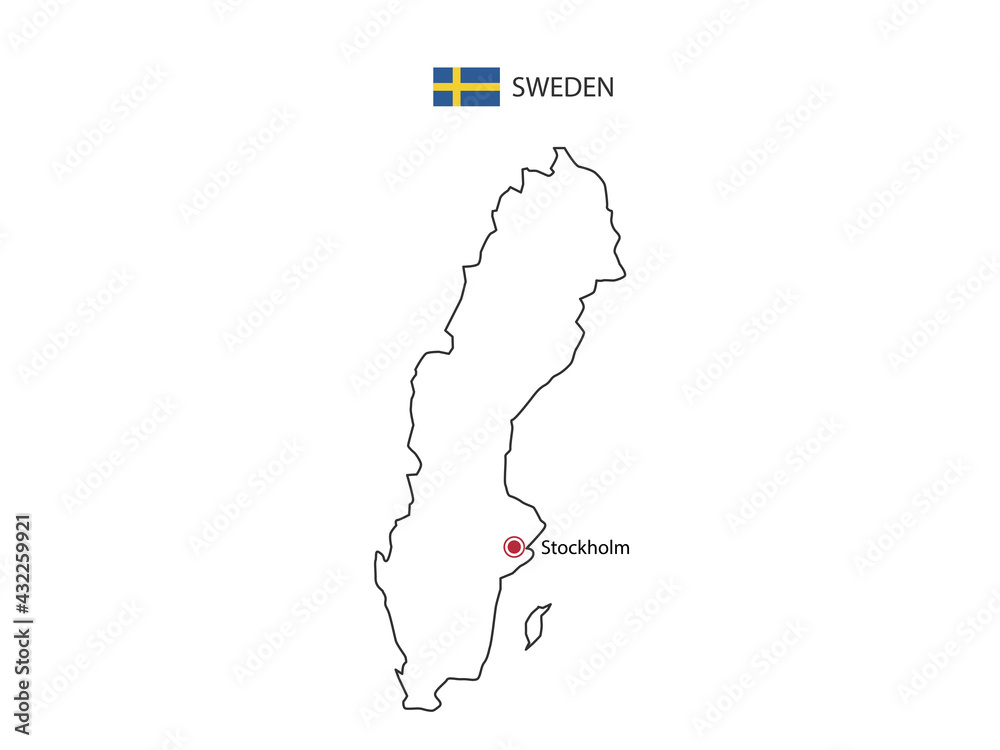 Hand draw thin black line vector of Sweden Map with capital city ...