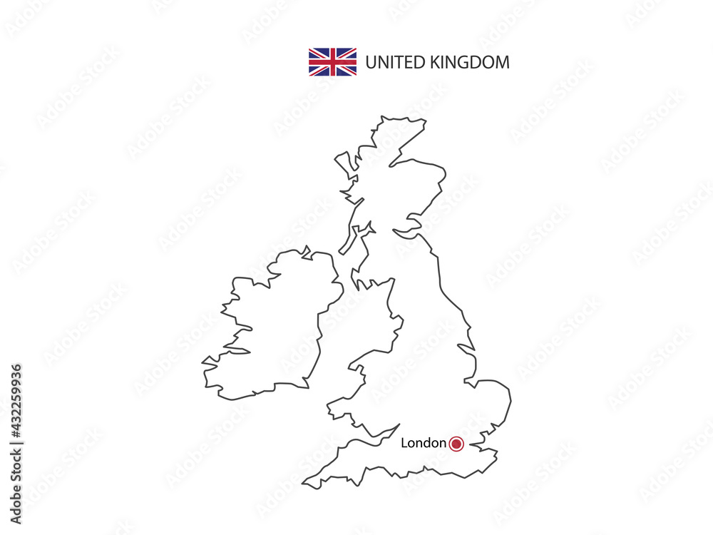 Hand draw thin black line vector of United Kingdom Map with capital ...