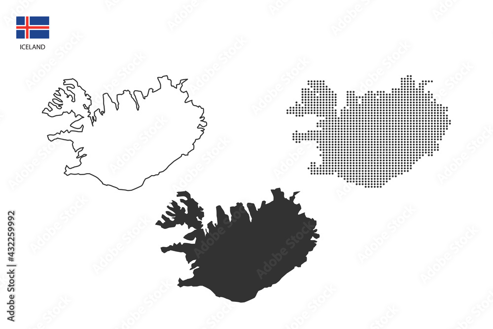 3 versions of Iceland map city vector by thin black outline simplicity ...