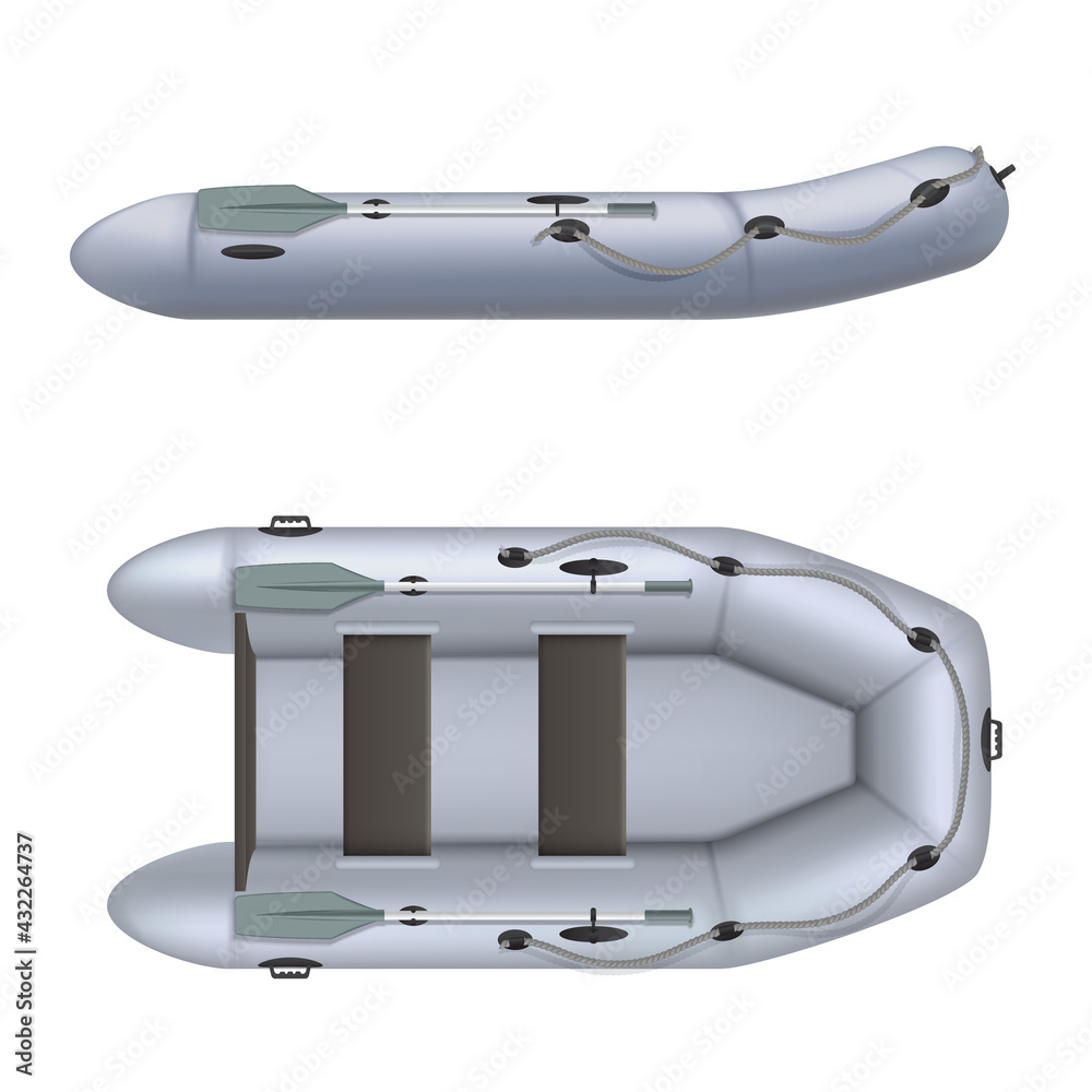 Set rubber inflatable boat side and top view vector illustration in ...