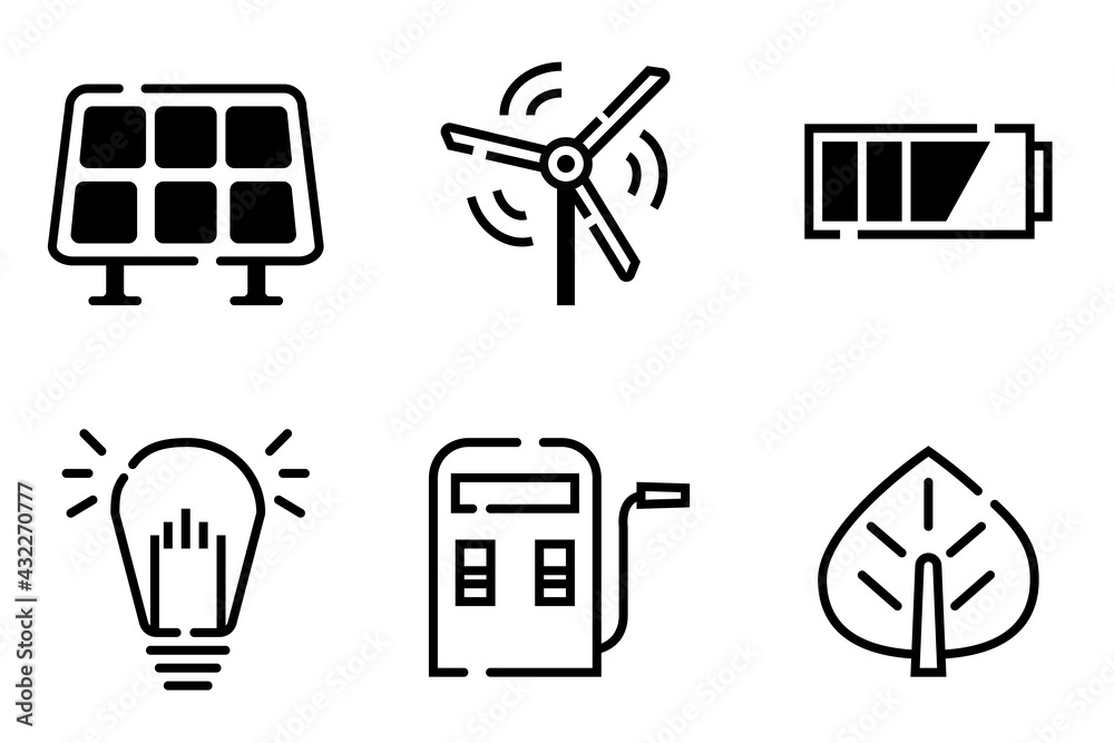 Icon set of renewable energy and battery, green energy for save world ...