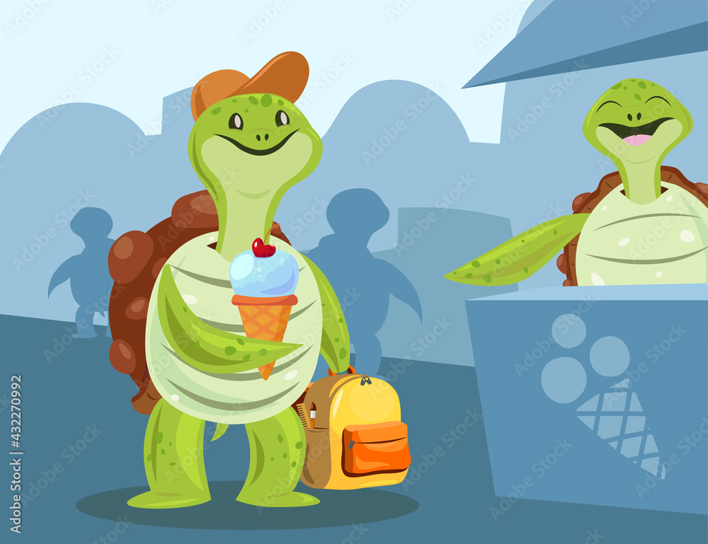 Happy turtle cartoon character buying ice cream illustration. Cute ...