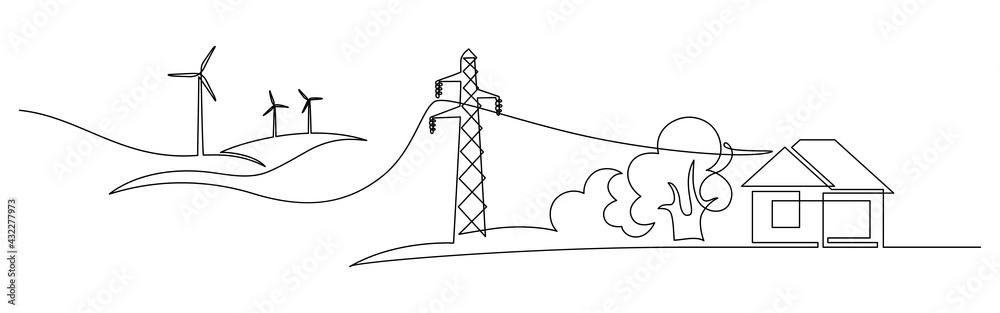 Wind energy in continuous line art drawing style. Landscape with wind ...