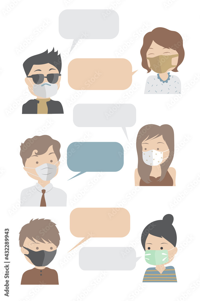 Blank space with people wearing facial mask talk to each other, flat ...