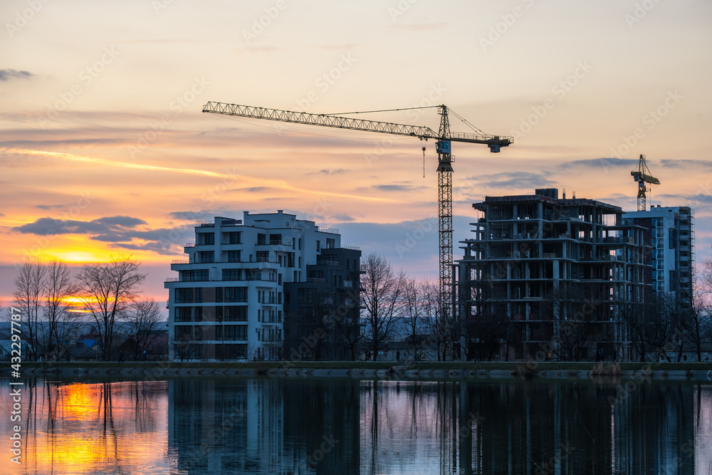 Tower cranes and high residential apartment buildings under ...