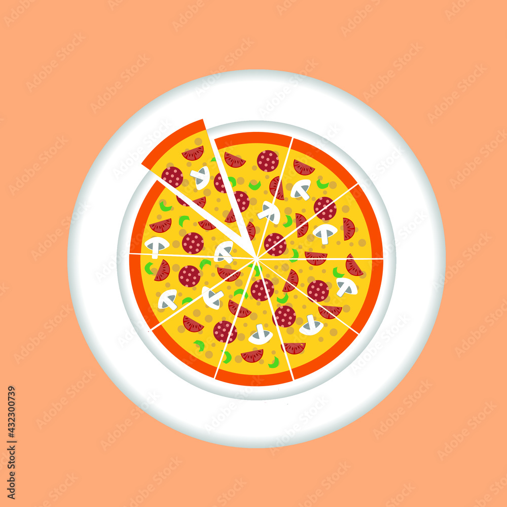 Delicious pizza in different pieces. Italian food. Salami and ...