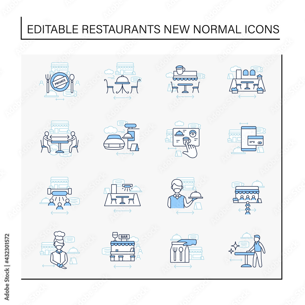 Restaurant new normal line icons set. Regulation through covid19.New ...