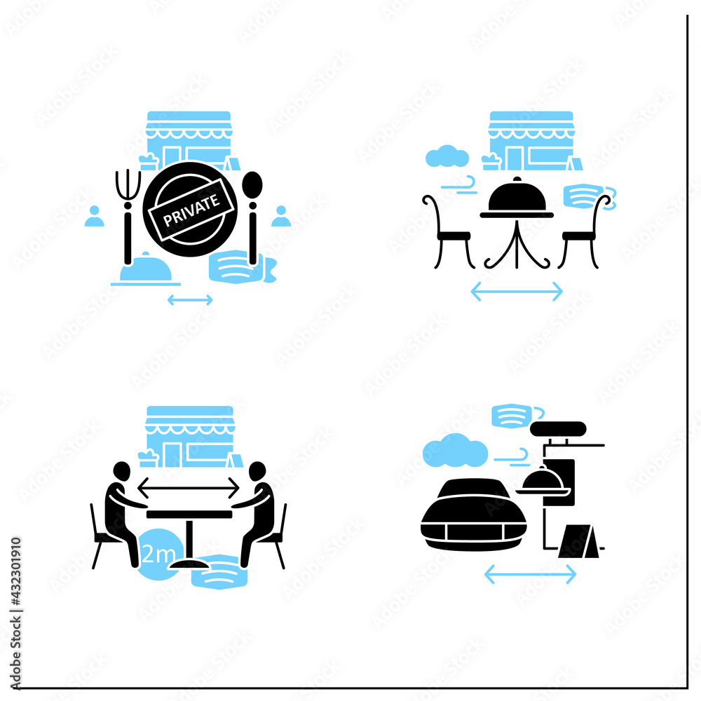 Restaurant new normal glyph icons set.Private dining, outdoor dining ...