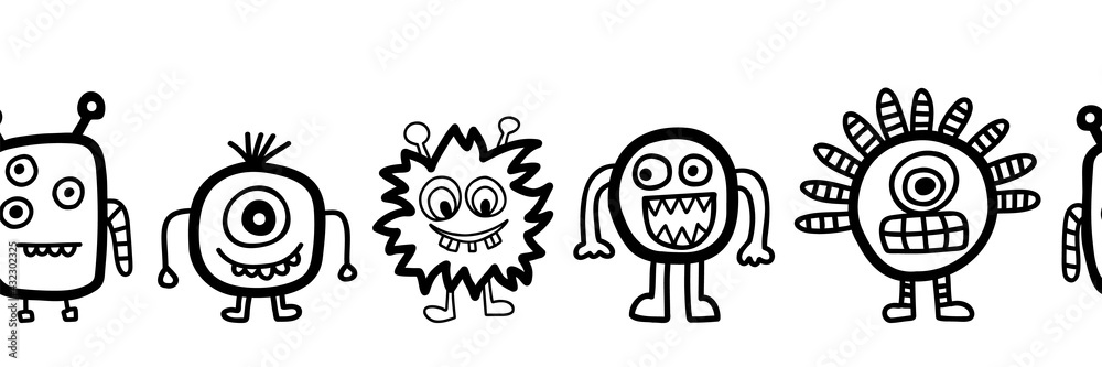 Cute monster border seamless vector. Repeating cute aliens and monsters ...