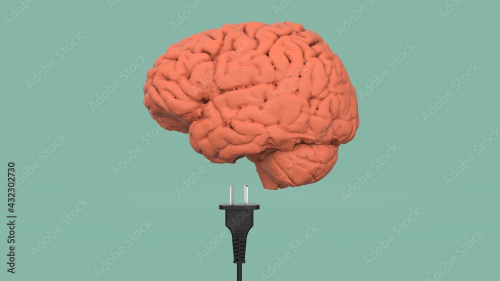 Human brain isolated on blue charging by the black plug with cable 3d ...
