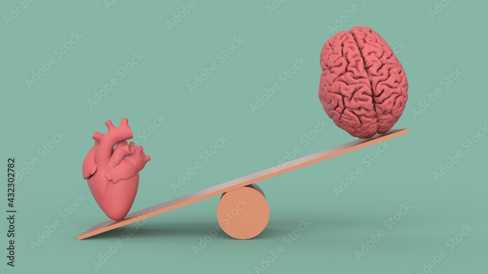 Pink human heart and brain symbols concept stand on balance board libra ...