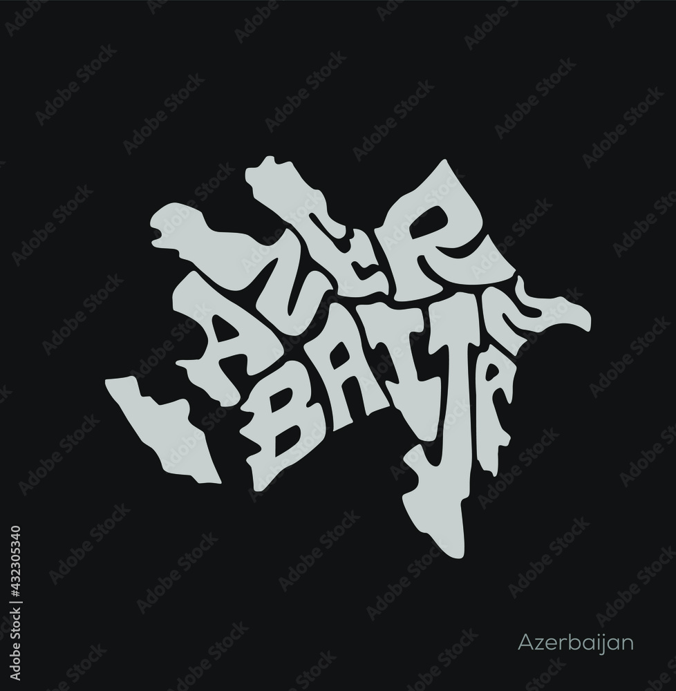 Azerbaijan written in Azerbaijan's map shape in gray color on black ...