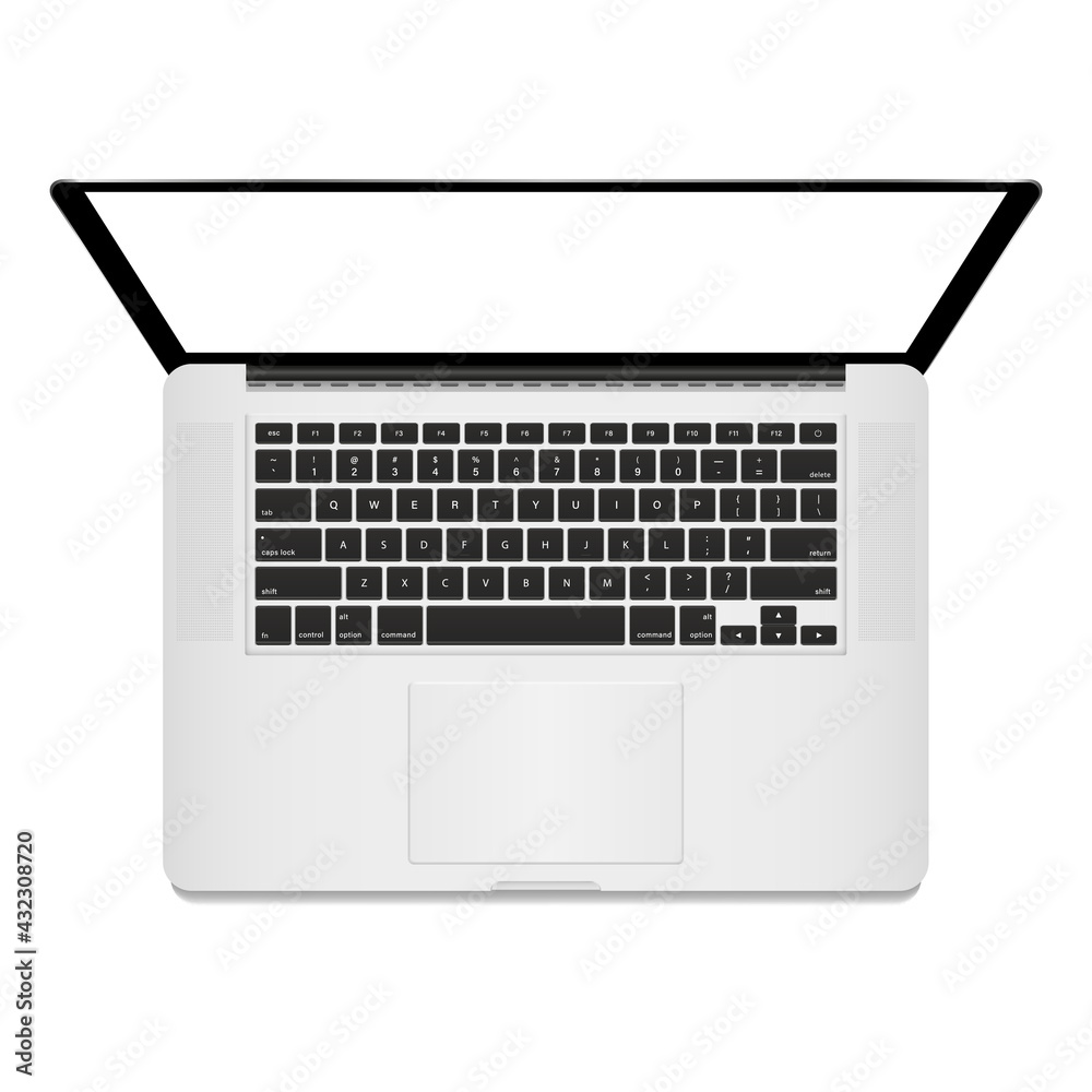 Realistic Silver Laptop Computer. Top down view, Keyboard, blank screen ...
